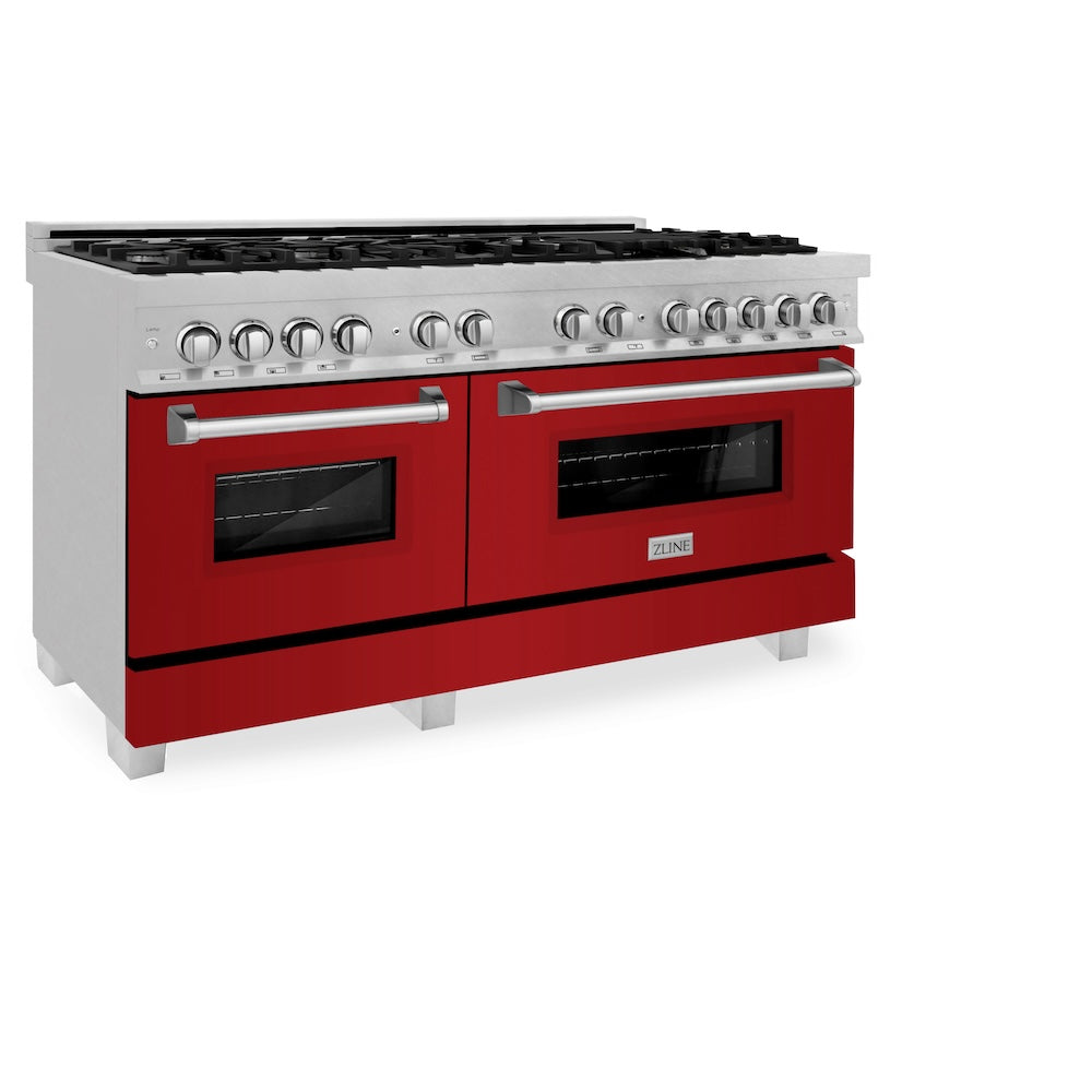 ZLINE 60" Legacy Dual Fuel Range in Satin Stainless with Red Doors (RAS ...